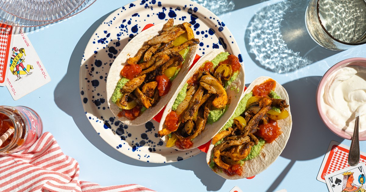 Taco’s met pulled oesterzwam, paprika en doperwtenpuree